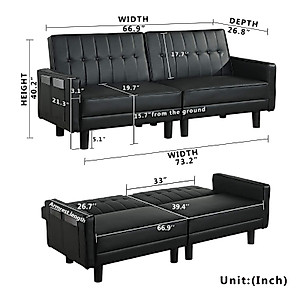 IPKIG 73.2" Futon Sofa Bed, Convertible Sleeper Sofa, Loveseat Couch, Faux Leather Split-Back Sofabed for Small Spaces Room Home Office Hotel with Adjustable Backrest and Side Pockets (Black)