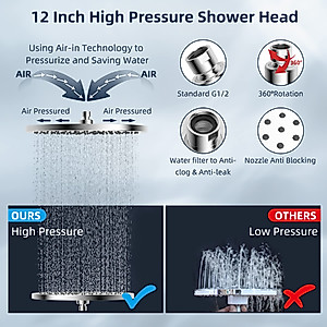Hibbent 12 Inch Thickness Metal Rainfall Shower Head/Handheld Showerhead Combo with 12 Inch Adjustable Curved Shower Extension Arm, 7-Spray, 71 Inch Hose, Adhesive Showerhead Holder, Chrome