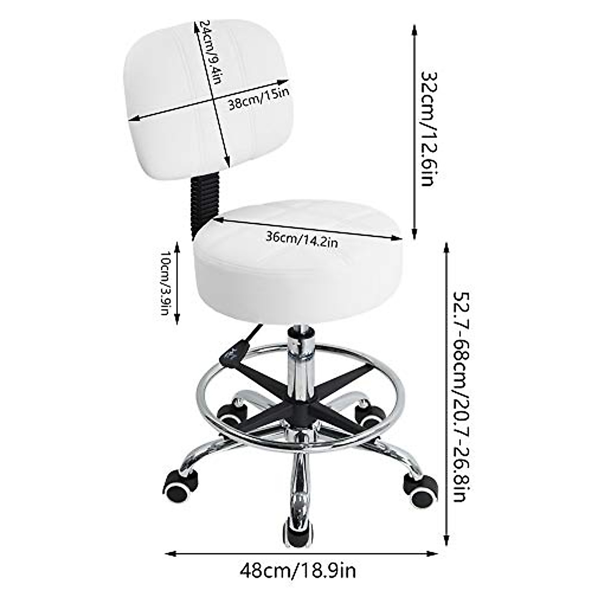 KKTONER Swivel Round Rolling Stool PU Leather with Adjustable Foot Rest Height Adjustable Task Work Drafting Chair with Back(White)