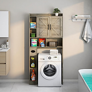 Over The Toilet Storage Cabinet, Farmhouse Storage Cabinet Over Toilet with 2 Barn Door & Toilet Paper Holder Stand，Home Space-Saving Toilet Rack, for Bathroom, Restroom, Laundry