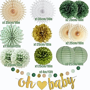 Olive Sage Green Baby Shower Decorations Oh Baby Banner Olive Green Gold Tissue Paper Pom Poms Circle Dots Hanging String Garland for Baby Girls Boys Adventure Baby Shower Party Decor