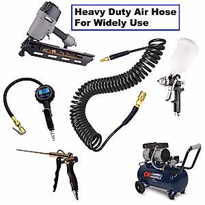 YOTOO Polyurethane Recoil Air Hose 3/8" Inner Diameter by 50' Long with Bend Restrictor, Repairable 1/4" Industrial Quick Coupler and Plug, Gray