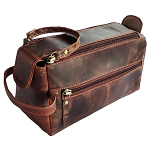 RUSTIC TOWN Leather Toiletry Bag for Men - Hygiene Organizer Travel Dopp Kit (Walnut Brown)