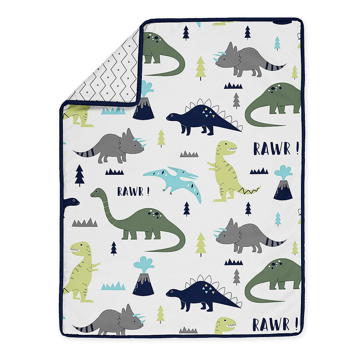 Sweet Jojo Designs Navy Blue and Green Modern Dinosaur Baby Boys or Girls 4 Piece Crib Bedding Set for Mod Dino Collection