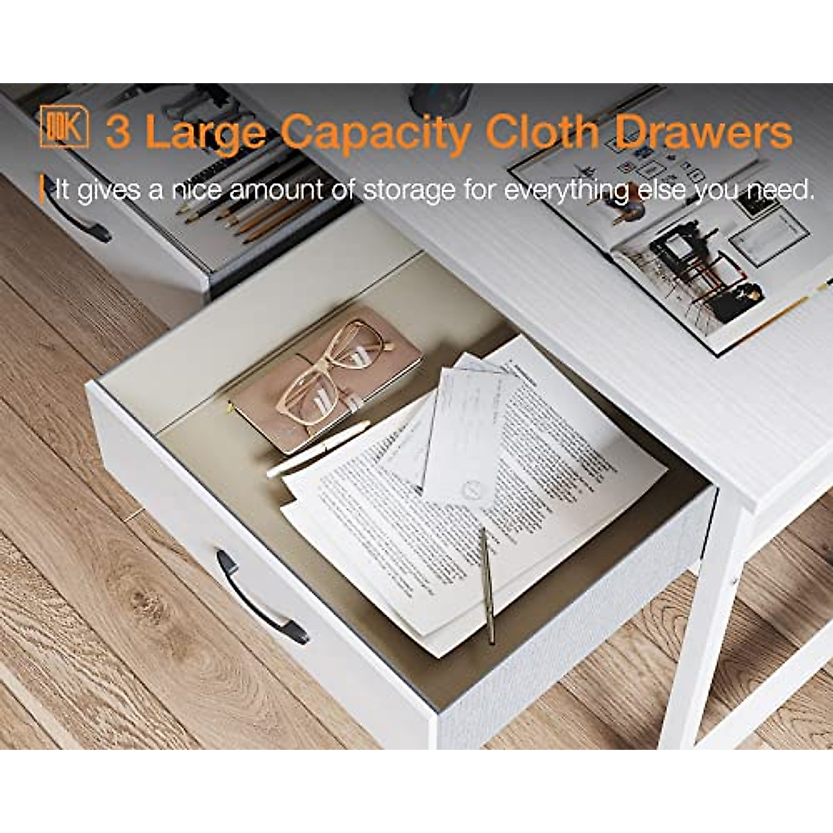 ODK 55 Inch Computer Desk with 3 Fabric Drawer, Home Office Desk Modern Work Writing Study Desk, White