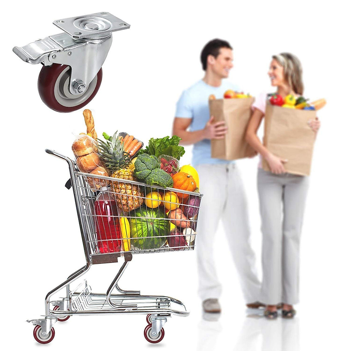 4 Inch Caster Wheels, Set of 4, Heavy Duty Casters Load 2400lbs with Brakes & Top Plate, 360-degree Swivel Casters for Furniture and Workbench Cart (Free Hardware Kit)