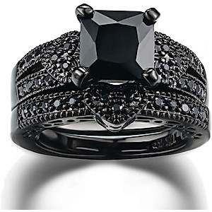 LOVERSRING Couple Ring Bridal Set His Hers Black Stainless Steel 10k Black Wedding Ring Band Set