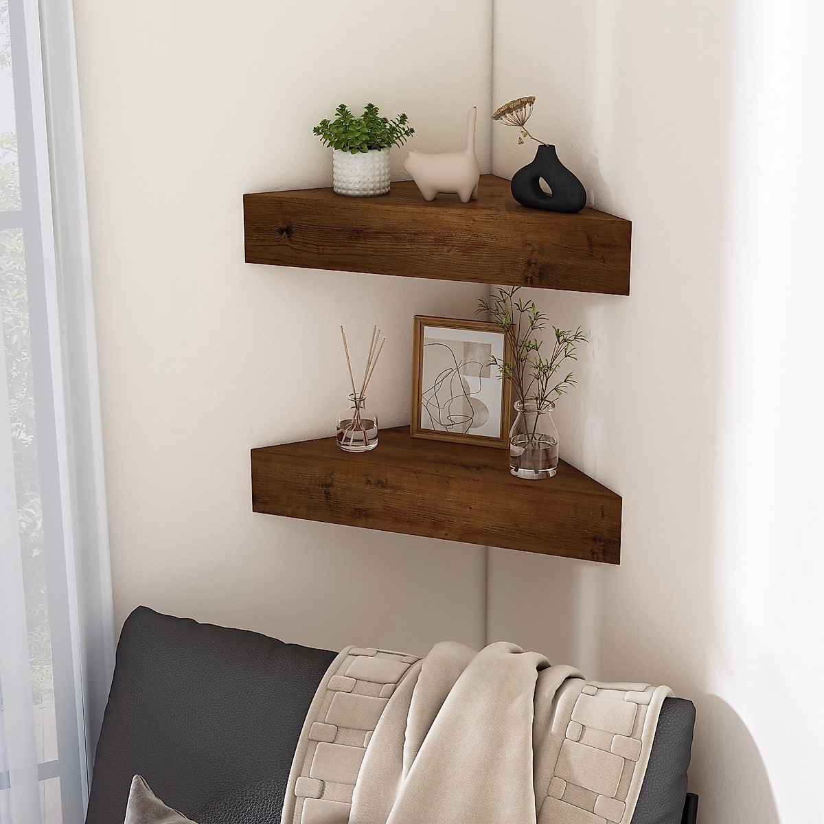 RIKNIO Wall Corner Floating Shelves,Wood Rustic Handmade Shelf - 12" x 12", Pack of 2 - Provincial
