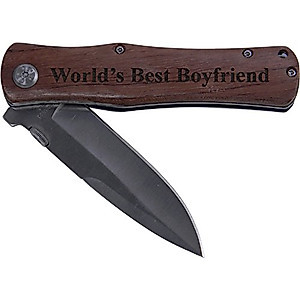 CustomGiftsNow World's Best Boyfriend Folding Stainless Steel Pocket Knife, (Wood Handle