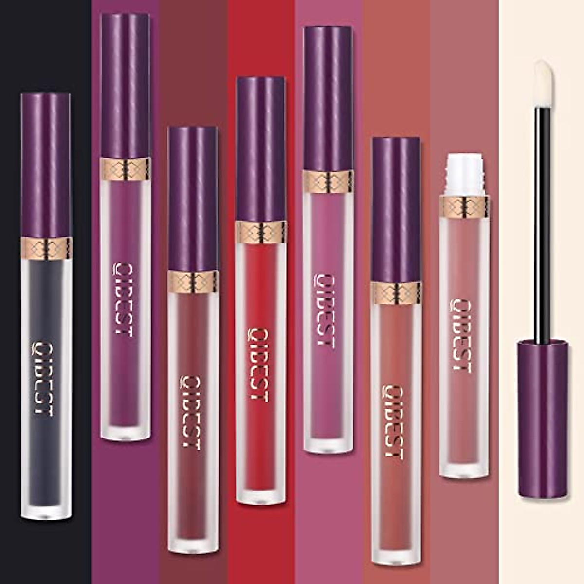 QiBest 7Pcs Matte Liquid Lipstick wiith 1Pcs Lip Plumper Makeup Set, Waterproof Lip Gloss Sets Kit Pigmented Long Lasting Velvet Lip Makeup Gift for Women and Girls