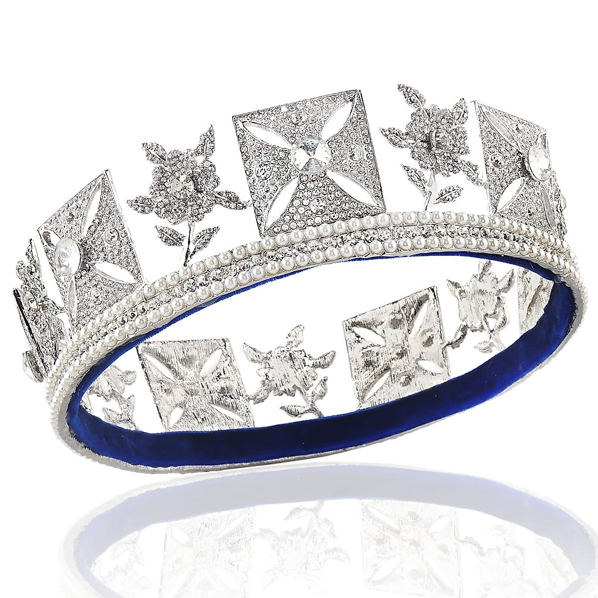 YOVECATHOU Retro Rhinestone Pearl King Queen Crown Full Circle Crown Wedding Headdress For Birthday Party Prom Cosplay (With Flannelette)