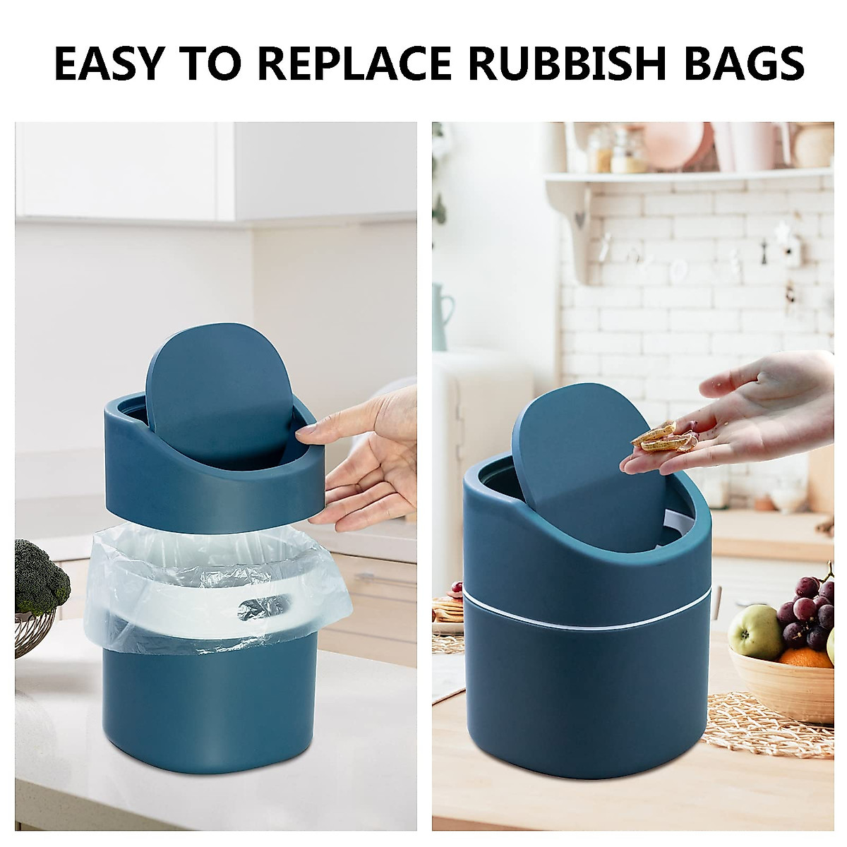 AWOLIC Mini Desktop Trash Can with Swing Lid,Small Garbage Can for Countertop,Dressing Table,Bedside Etc,Free 90 Bags(Blue)