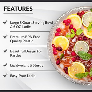 S.G Premium Quality Plastic Punch Bowl with Ladle - 2 Gallon Punch Bowl with Ladle - Embroidered Design 8 Quart large Serving Bowl with 5 oz Plastic Serving Ladle/Spoon for Parties, Holidays, and more