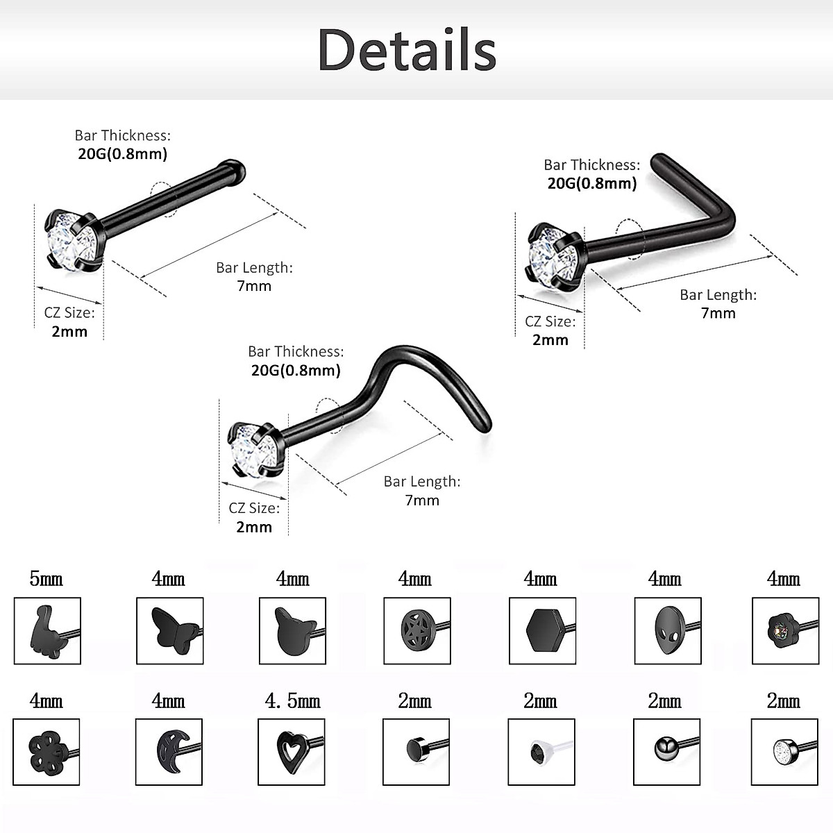 ZS 15Pcs Nose Rings for Women - 20G Stainless Steel L Shape Screw Nose Piercings Jewelry Black Nose Studs Rings (Black,Corkscrew)