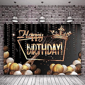 KUKUSOUL 5x3ft Black and Gold Backdrop Black Gold blloons Ribbon Happy Birthday Background for Girls Women Birthday Party Decorations Cake Table Banner Photo Booth Studio Props KUBYC397