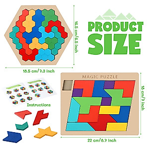3 Pack Hexagon Wooden Puzzle Wood Russian Blocks Tangram Puzzle Brain Teaser Puzzles Geometric Jigsaw Block Russian Blocks Logic IQ STEM Montessori Toy for All Ages Kid Adult Intelligence (Fancy)