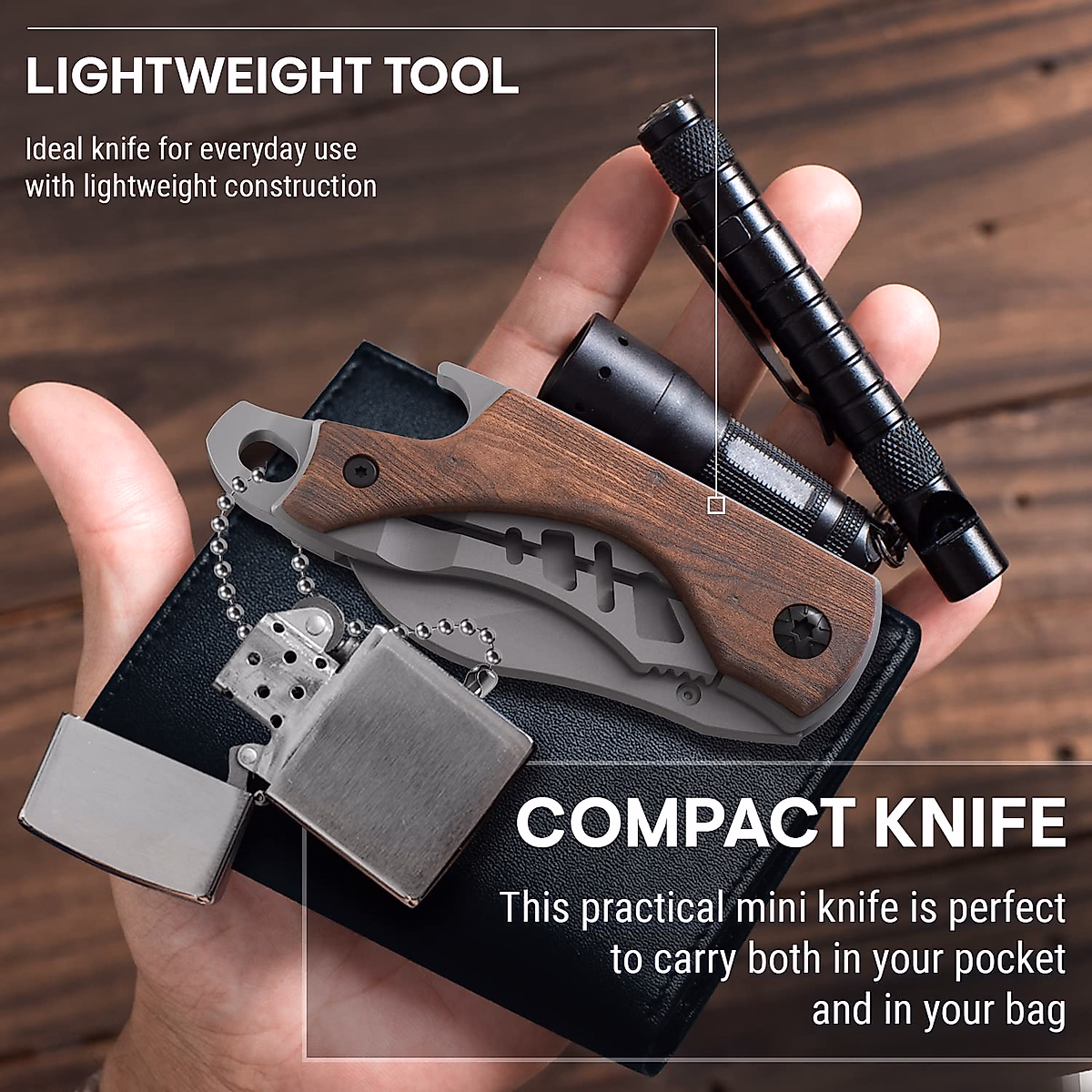 Small Pocket Knife for Men - 5.7’’ Keychain Knife with Bottle Opener - Box Cutter - Wood Handle - Liner Lock - Legal Mini EDC Folding Knife - Cool Sharp Tiny Knives - Gift for Everyone 6779N