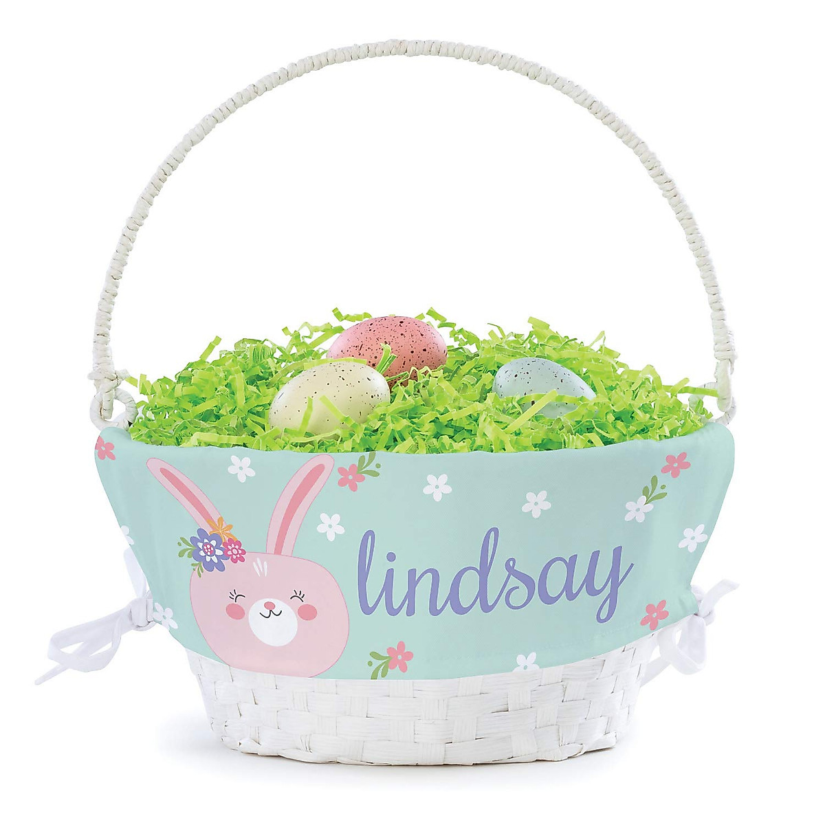 Personalized Girl Bunny Easter Egg Basket with Handle and Custom Name | Pink Easter Basket Liners | White Basket | Woven Easter Baskets for Kids | Customized Easter Basket | Gift for Easter