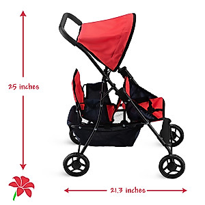 Hushlily® Tandem Double Doll Stroller with Adjustable Canopy & Basket, Foldable, with Smooth Rolling Wheels (Red & Blue)