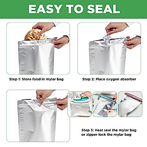 Food Container Storage Mylar Bags, 100 Pcs with Oxygen Absorbers and Labels, Resealable Ziplock Bags for Heat Sealable, 3 Sizes (Gallon, Quart, Small), Thick 8.6 Mil