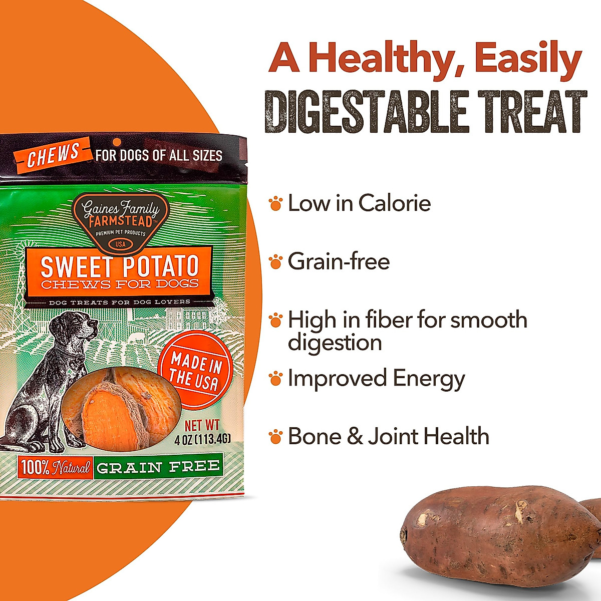 Gaines Family Farmstead Sweet Potato Chews for Dogs, Sweet Potato Dog Treats, Made in The USA, High in Fiber, Grain Free, Vegetarian Alternative to Rawhide, Rich in Vitamins, 14 Ounce Bag