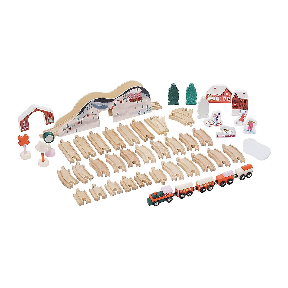 Manhattan Toy Alpine Express 49-Piece Wooden Toy Train Set with Scenic Accessories for Toddlers 3 Years and Up Multicolor