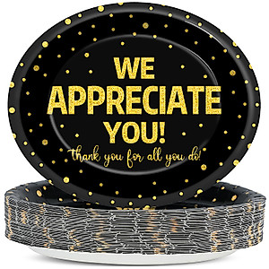 50 Pcs We Appreciate You Party Plates Thank You Paper Plate, Large 11 Inch Black and Gold Appreciation Week Dessert Tableware for Employee Volunteer Teacher Doctor Staff Thank You Party Decorations