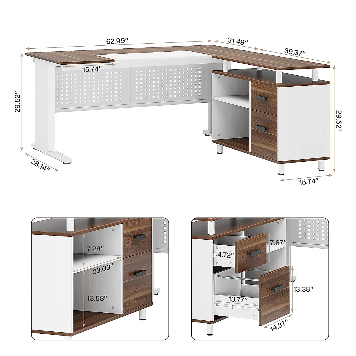 Tribesigns 63 Inch Executive Desk with File Cabinet, Large Office Desk L Shaped Computer Desk with Drawers and Storage Shelves, Business Furniture Desk Workstation for Home Office, White and Walnut