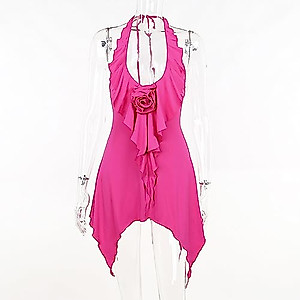 SHESEEWORLD Women's Sexy Summer Sleeveless 3D Flower Halter Ruffle V Neck Cut Out Backless Y2k Flowy Mini Party Dress