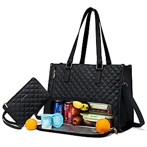 LOVEVOOK Lunch Tote Bag for Women, 15.6 Inch Laptop Bag with Insulated Lunch Compartment, Quilted Large Capacity Computer Handbag with Purse for Business, Work, Nurse, Office, Collage, Casual, Black