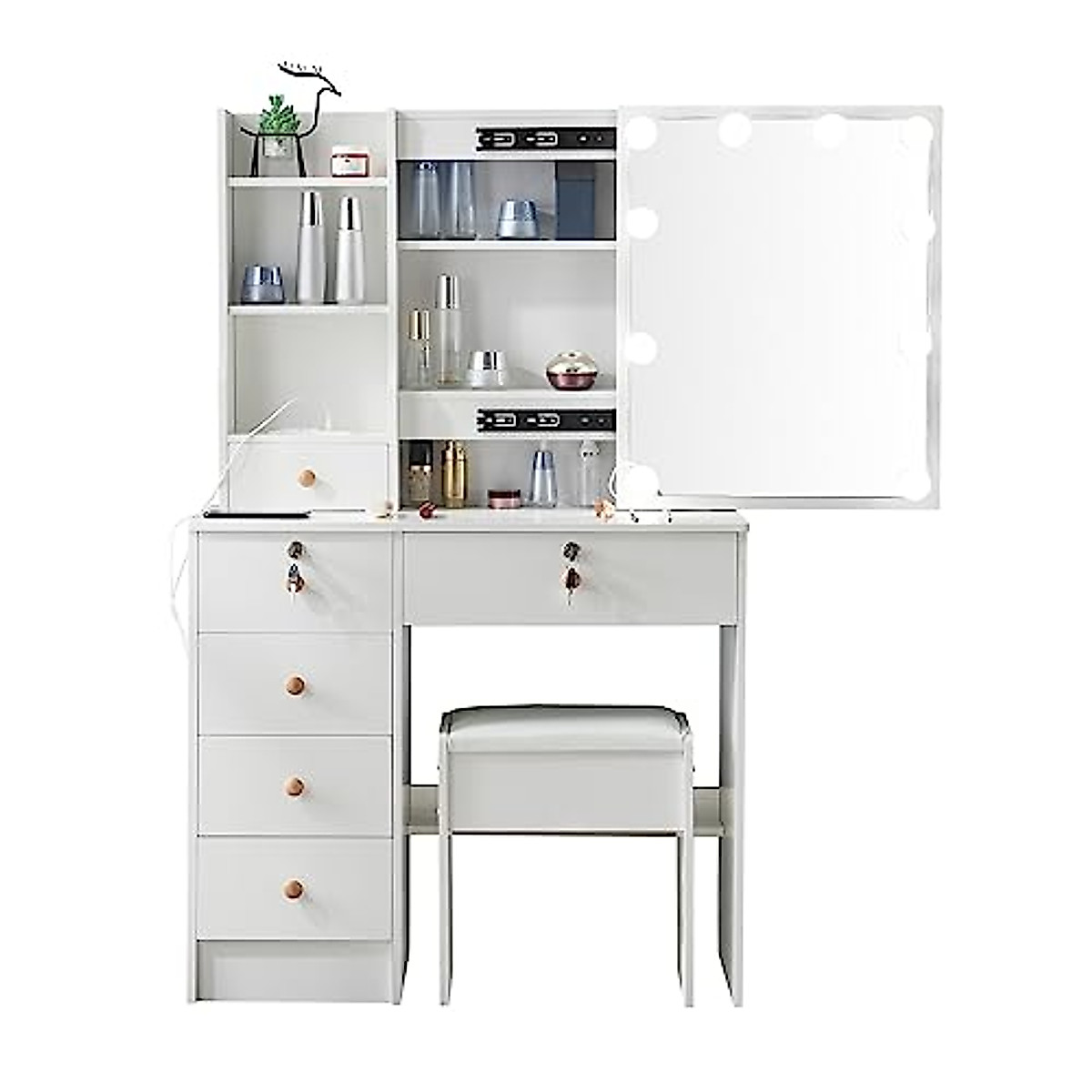 tojump Makeup Vanity Table with LED Lighted Mirror, White Vanity Desk with Drawers & Cabinet, Bedroom Makeup Dressing Table with Cushioned Stool (Modern Y)