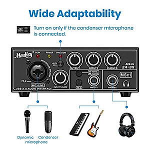 Moukey USB 3.0 Audio Interface, Microphone Preamps with 48V Phantom Power, 24 Bit, Support Smartphone, Tablet, Computer and Other Equipment Recording - MSc1