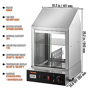 VEVOR Hot Dog Machine, 36 L, 2-Tier Hot Dog Steamer for 200 Hotdogs & 42 Buns, 1200W Electric Bun Warmer Cooker with Rotary Knob Temp Display 7.5 L Water Tank, Stainless Frame and Tempered Glass Doors