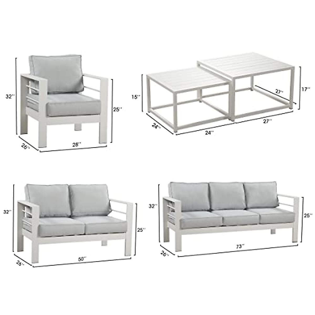 Solaste Aluminum Outdoor Patio Furniture Set, Metal Outside Patio Furniture Conversation Sets with Nesting Coffee Table, Outdoor Seating Set with 5” Olefin Cushions for Backyard Deck Lawn, White