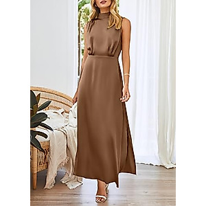 PRETTYGARDEN Women's Long Formal Satin Dress Mock Neck Sleeveless Side Slit Flowy Maxi Tank Dresses (Brown,Medium)
