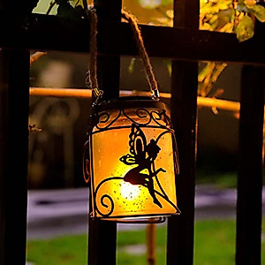 Ostritec Solar Lantern Outdoor, Flickering Flame Hanging Lantern, Waterproof Solar Fairy Lantern , Heavy Duty Retro Metal Frosted Glass Decor for Yard, Patio, Garden, Path, RV, Halloween Gift
