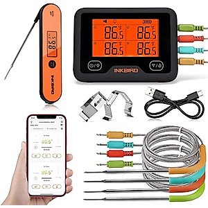 Inkbird Wi-Fi/Bluetooth Meat Thermometer IBBQ-4BW & Instant Read Thermometer IHT-1P, Digital Wireless WIFI Thermometer for Smoker Oven, Large LCD Backlight, Timer High/Low Alarm, 4 Probes Rechargeable