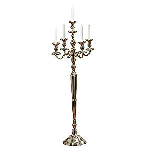 WHW Whole House Worlds Hamptons Tall Five Candle Silver Candelabra, Hand Crafted of Silver Aluminum Nickel, 4 FT High (48.75 Inches)