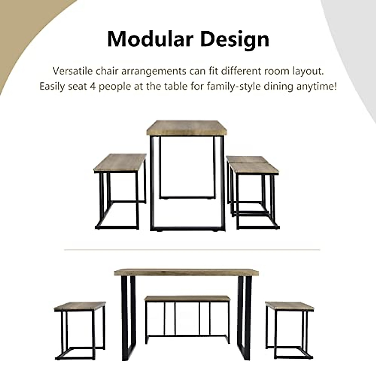 COSTWAY 4 Piece Dining Table Set, Modern Counter Height Kitchen Table Set for 4 w/Bench & 2 Stools, Sturdy Iron Structure, Space-Saving Dining Table and Chair Set for Home Pub Breakfast, Oak Grey