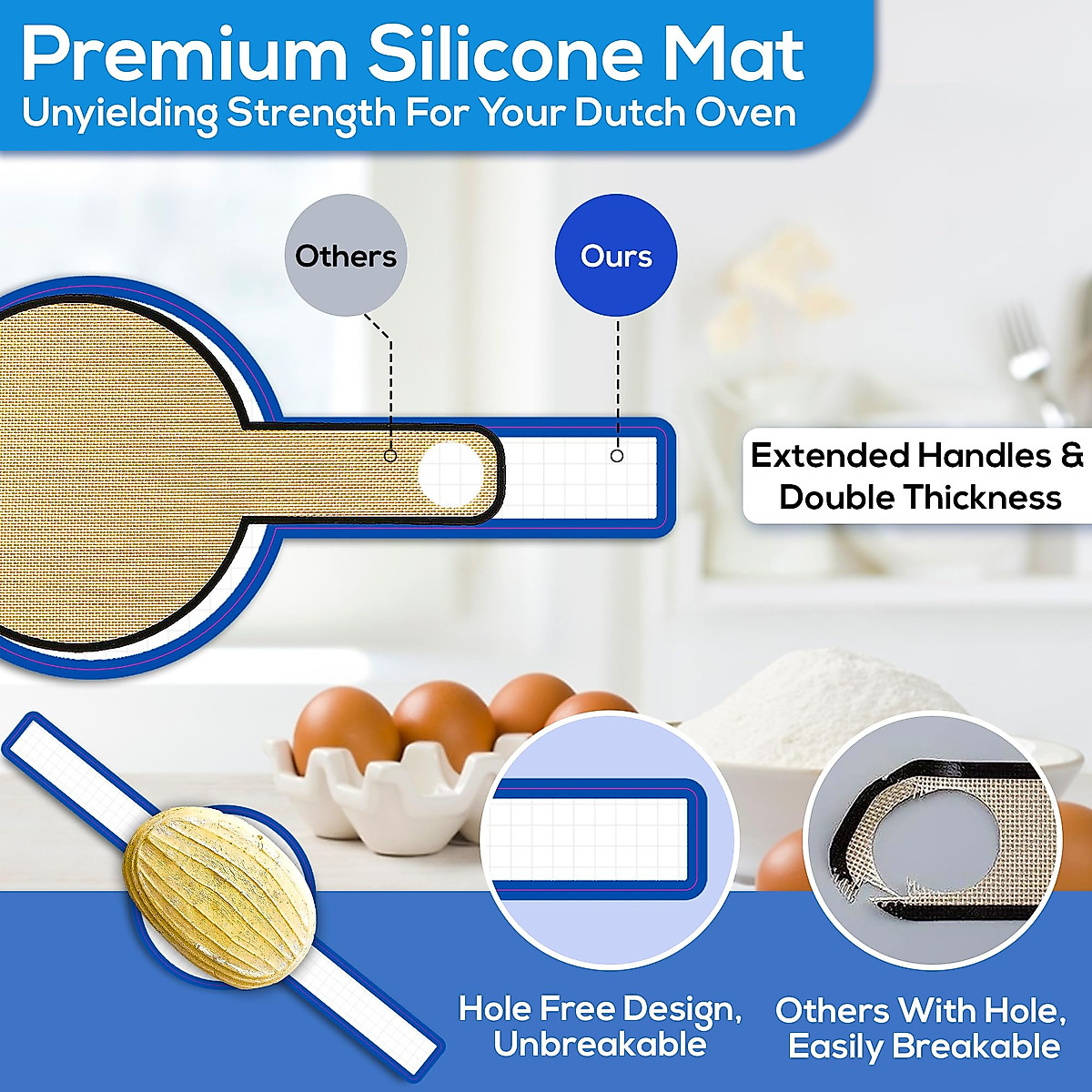 Silicone Bread Sling Dutch Oven Liner - Extra Thick Non-Stick Reusable Silicone Sourdough Bread Baking Mat with Long Handles, Sourdough Bread Baking Supplies for Easy Dough Transfer (Trim Blue)