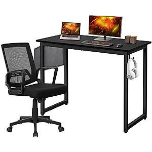 Yaheetech Home Office Modern Desk & Chair Set, Simple Computer Desk 40 Inch with Mesh Mid-Back Height Adjustable Office Chair, Long Writing/Work Desk, Mesh Swivel Chair with Lumbar Support, Black