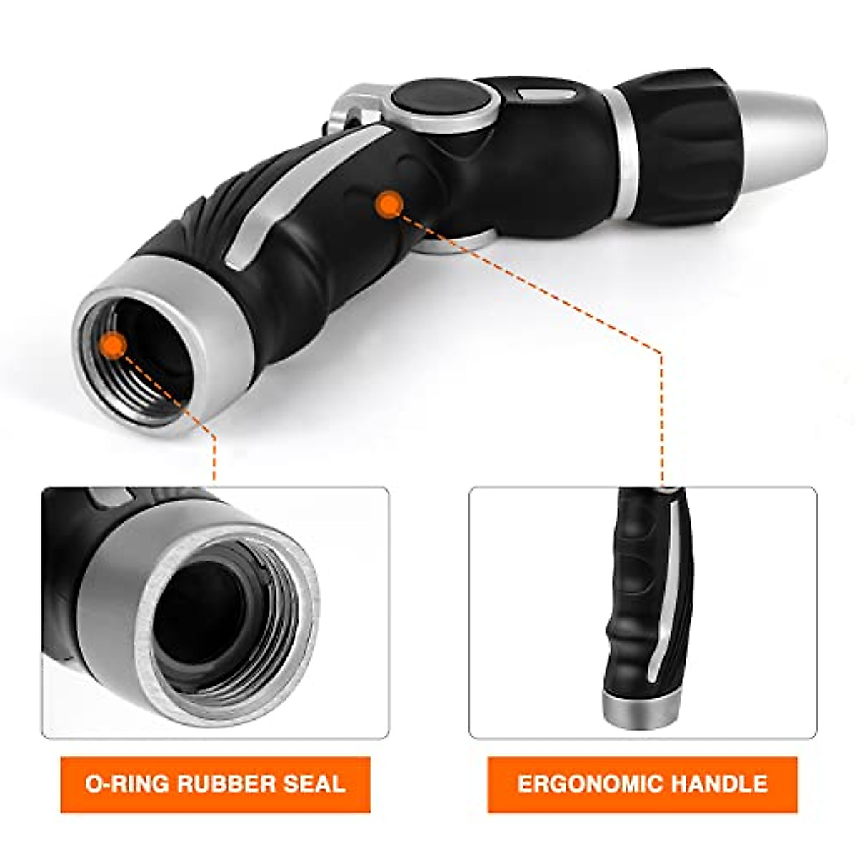 Flemoon Garden Hose Nozzle Sprayer, High Pressure, Heavy Duty Metal, Thumb Flow Control, Leak Free, Metal Water Hose Nozzle Spray to Wash Cars and Clean Floors, Silver