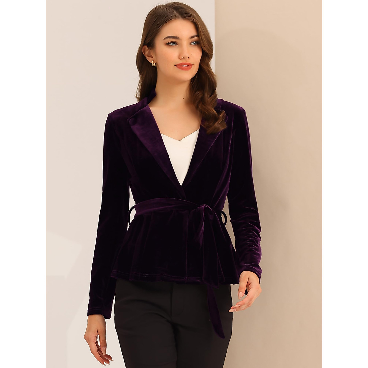 Allegra K Women's Work Office Velvet Belted Lapel Collar Blazer Jacket Medium Purple