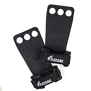 KAYANA 3 Hole Leather Gymnastics Hand Grips - Palm Protection and Wrist Support for Cross Training, Kettlebells, Pull ups, Weightlifting, Chin ups, Workout, & Exercise (Black, Small)