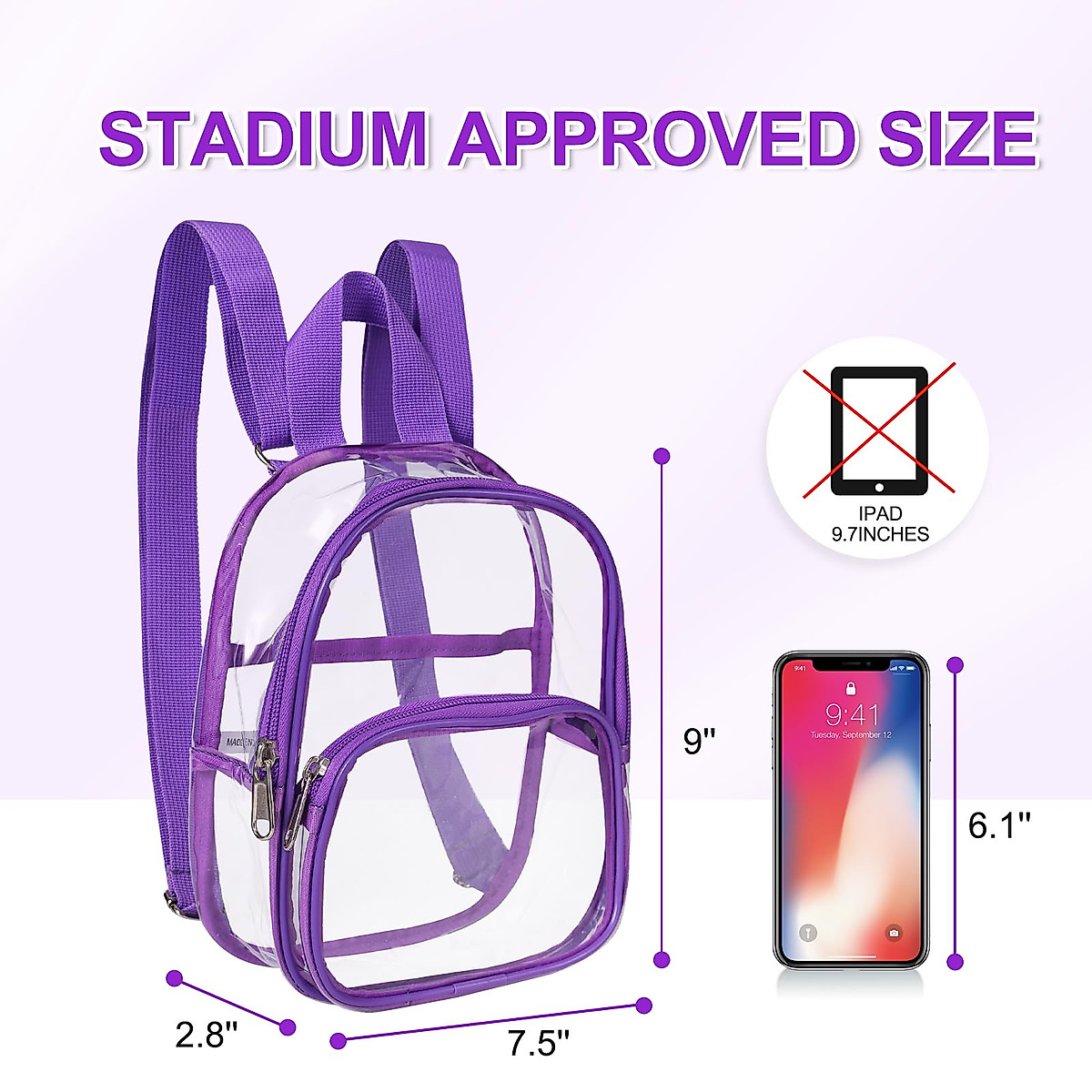 USPECLARE Clear Mini Backpack Stadium Approved, Size 7.5"x2.8"x9" for Girls, for Concert, Festival, Sport Events&Daily Use(Purple)