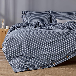 JELLYMONI Pinstriped 100% Washed Cotton Linen Like Duvet Cover Set, 3 Pieces Luxury Soft Bedding Set with Buttons Closure, Blue Stripes Pattern Printed Duvet Cover King Size(No Comforter)