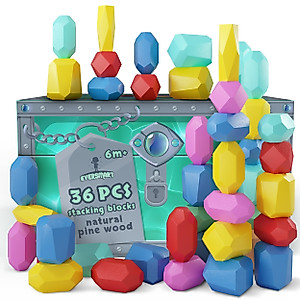 EVERSMART 36 Pcs Wooden Stacking Blocks – Montessori Toys for 1 2 3 4 5 6 Year Old Toddlers and Kids, XXL Rocks, No Choking Hazard – Sensory STEM Building Stones, Girl or Boy Birthday Gifts