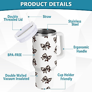 Jihqo Cow Print Bows 40 oz Stainless Steel Vacuum Insulated Tumbler with Handle and Straw Lid, Leakproof Water Bottle Double Wall Travel Mug Coffee Cup, Cupholder Friendly