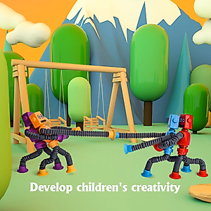 ASKIZ 4-Pack Pop Tubes Sensory Toys, Glowing Robot Fidget Tubes Sensory Toys Pack, Suction Cup Robot Toy,Travel Toys Sensory Toys For Autistic Children Toddlers Kids Boys Girls Gifts 3-5,5-7