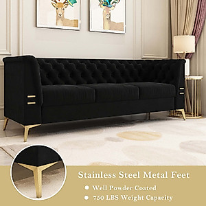 Tomkate Chesterfield Sofa, 82" Velvet Upholstered 3 Seater Couches with Flared Arms and Removable Cushions, Mid-Century Modern Sofa Couch with Solid Wood Frame and Gold Legs for Living Room (Black)
